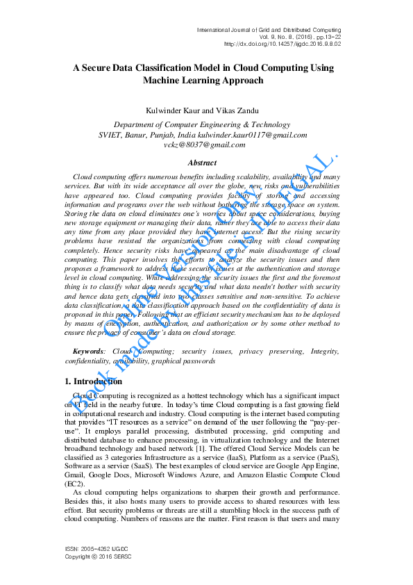 Pdf A Secure Data Classification Model In Cloud Computing Using Machine Learning Approach