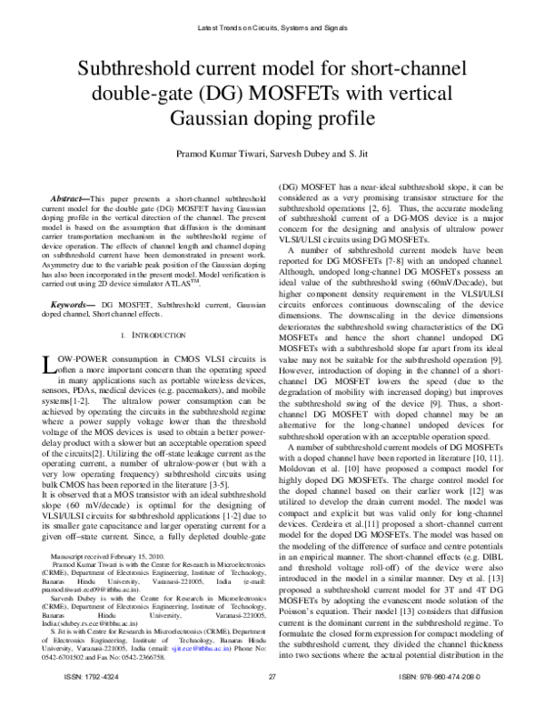 (PDF) Subthreshold Current Model for Short-Channel Double-Gate (DG) MOSFETs with a Vertical ...
