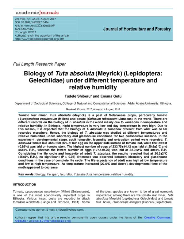 (PDF) Biology of Tuta absoluta (Meyrick) (Lepidoptera: Gelechiidae) under different temperature ...