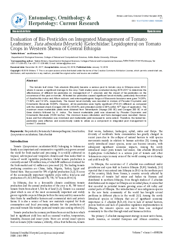 (PDF) Evaluation of Bio-Pesticides on Integrated Management of Tomato Leafminer, Tuta absoluta ...