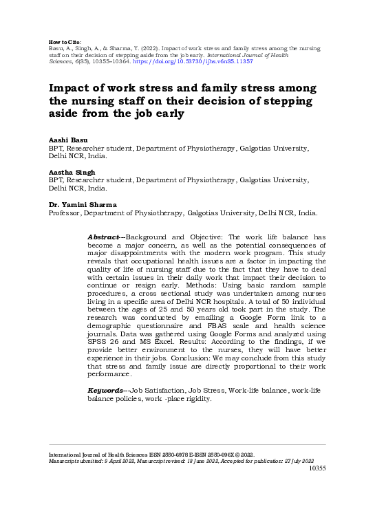 (PDF) Impact of work stress and family stress among the nursing staff ...