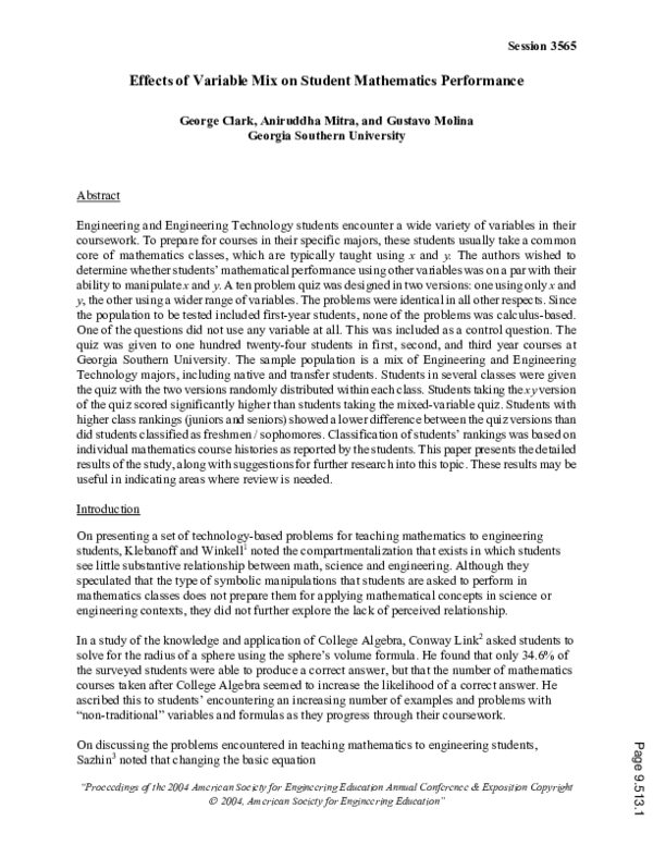 (PDF) Effects Of Variable Mix On Student Mathematics Performance