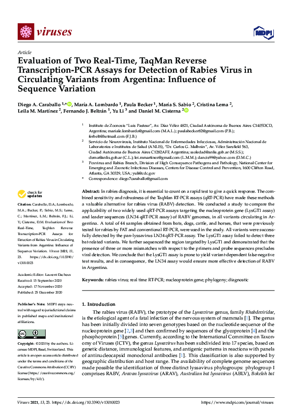 (PDF) Evaluation of TaqMan RT-PCR for Rabies Detection in Argentina