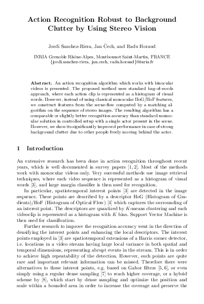 Pdf Action Recognition Robust To Background Clutter By Using Stereo Vision