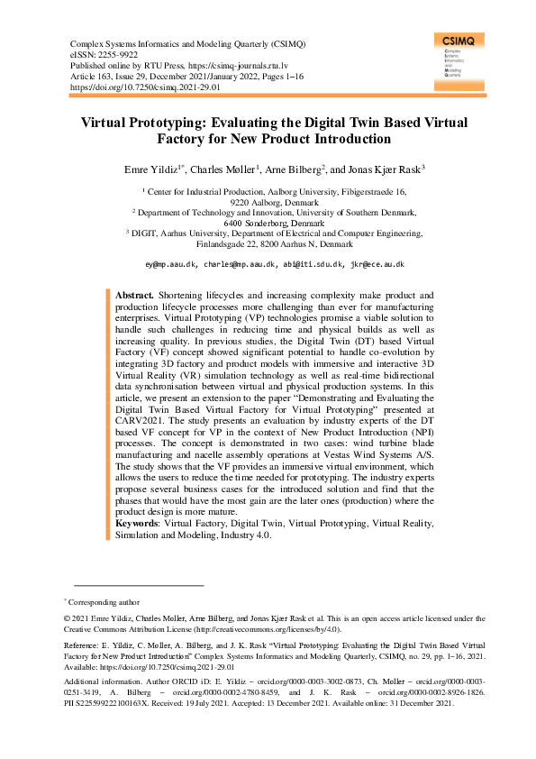 Pdf Virtual Prototyping Evaluating The Digital Twin Based Virtual Factory For New Product