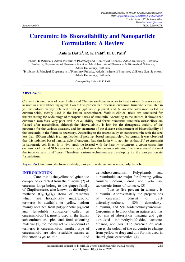 (PDF) Curcumin: Its Bioavailability and Nanoparticle Formulation: A Review