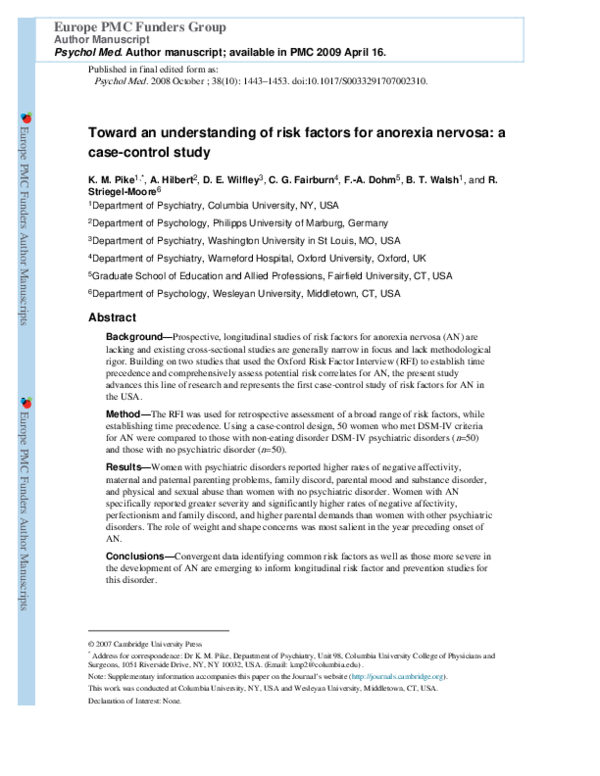 (PDF) Toward an understanding of risk factors for anorexia nervosa: a ...