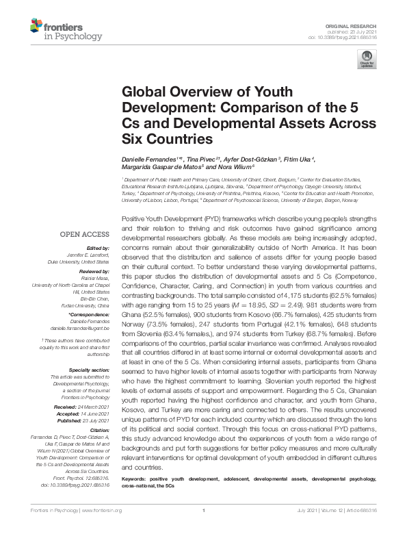 (PDF) Global Overview of Youth Development: Comparison of the 5 Cs and ...