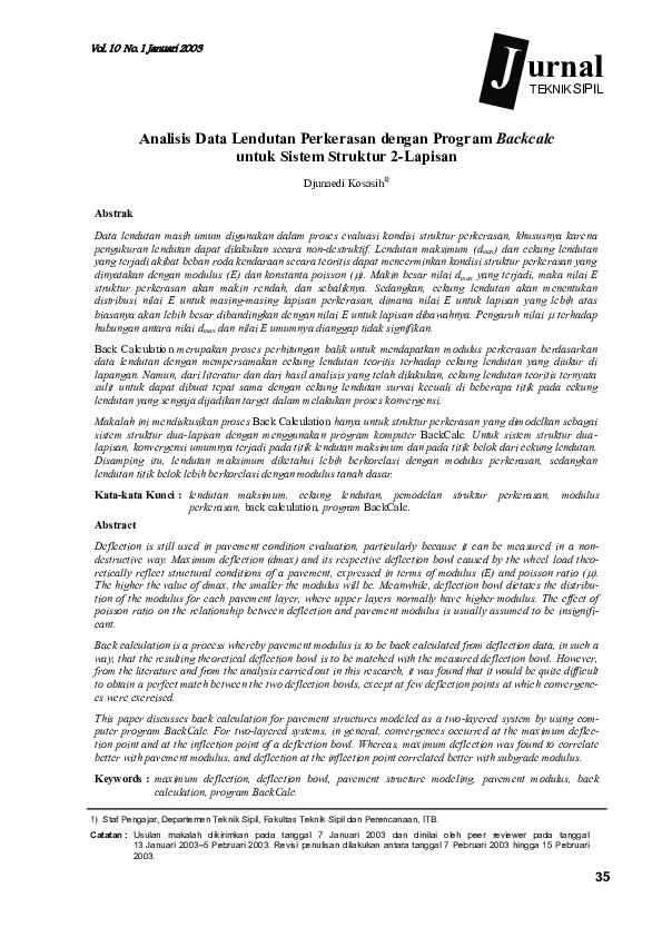 (PDF) Analisis Data Lendutan Perkerasan dengan Program Backcalc untuk Sistem Struktur 2-Lapisan ...