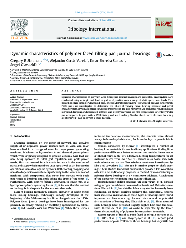 Pdf Dynamic Characteristics Of Polymer Faced Tilting Pad Journal Bearings