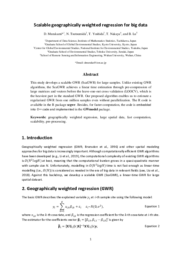 Pdf Scalable Geographically Weighted Regression For Big Data Geocomputation 2019