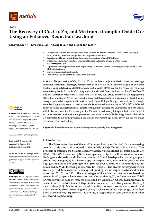 (PDF) The Recovery of Cu, Co, Zn, and Mn from a Complex Oxide Ore Using ...