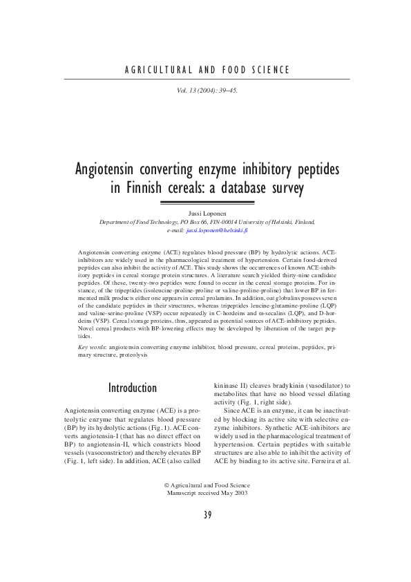 (PDF) Angiotensin converting enzyme inhibitory peptides in Finnish ...