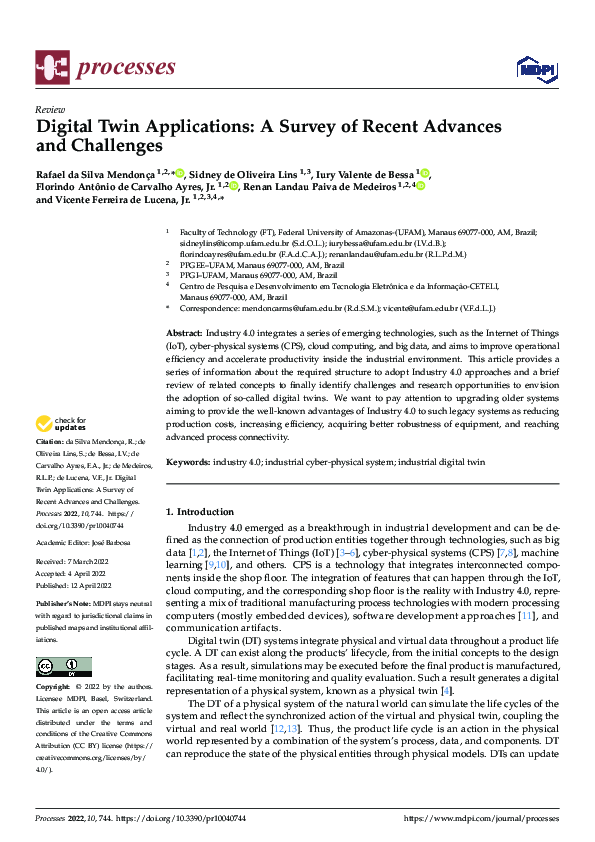 (PDF) Digital Twin Applications: A Survey of Recent Advances and Challenges