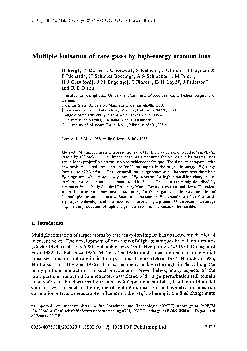 (PDF) Multiple ionisation of rare gases by high-energy uranium ions