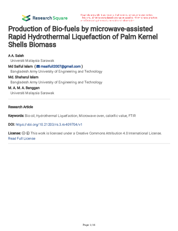 (PDF) Production of Bio-fuels by microwave-assisted Rapid Hydrothermal ...