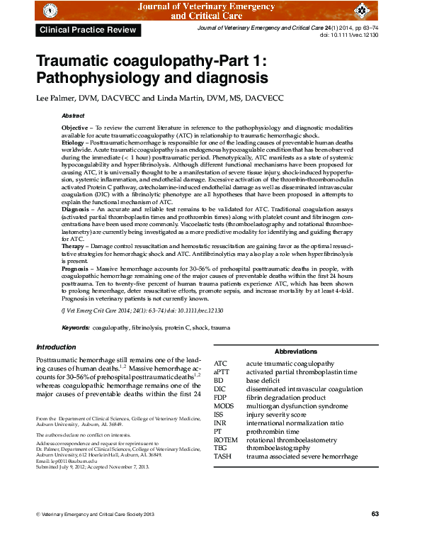 (PDF) Traumatic coagulopathy-Part 1: Pathophysiology and diagnosis
