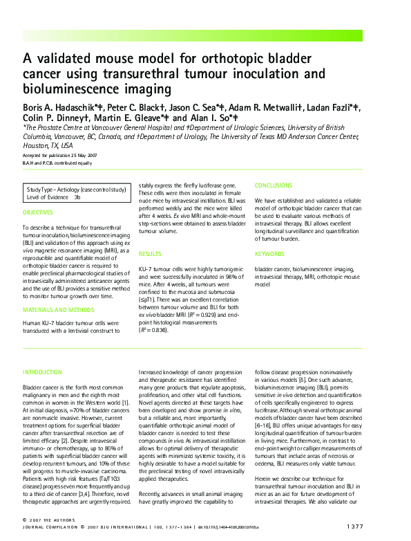 (PDF) A validated mouse model for orthotopic bladder cancer using ...