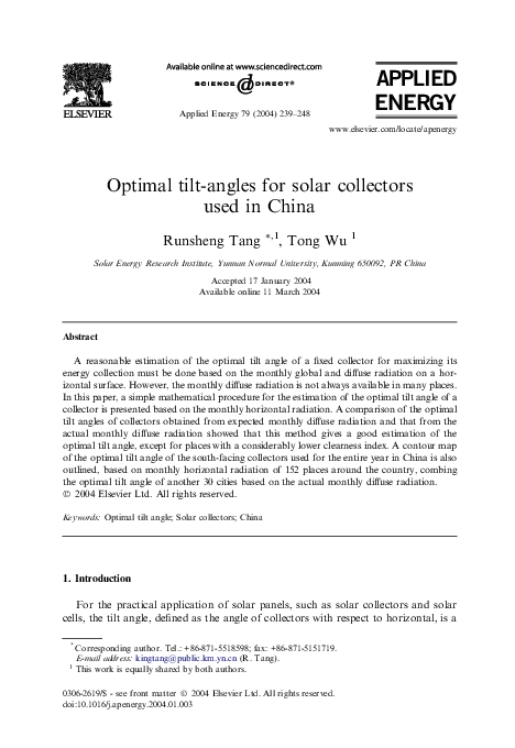 (PDF) Optimal tilt-angles for solar collectors used in China