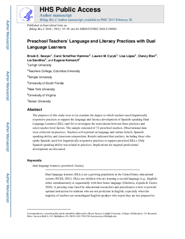 (PDF) Preschool teachers’ language and literacy practices with dual language learners