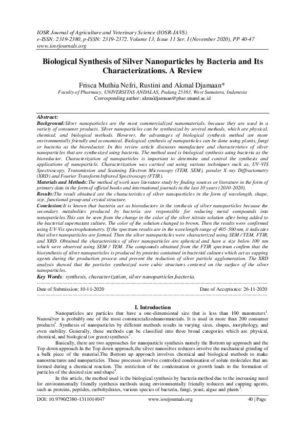 (PDF) Biological Synthesis of Silver Nanoparticles by Bacteria and Its Characterizations. A Review