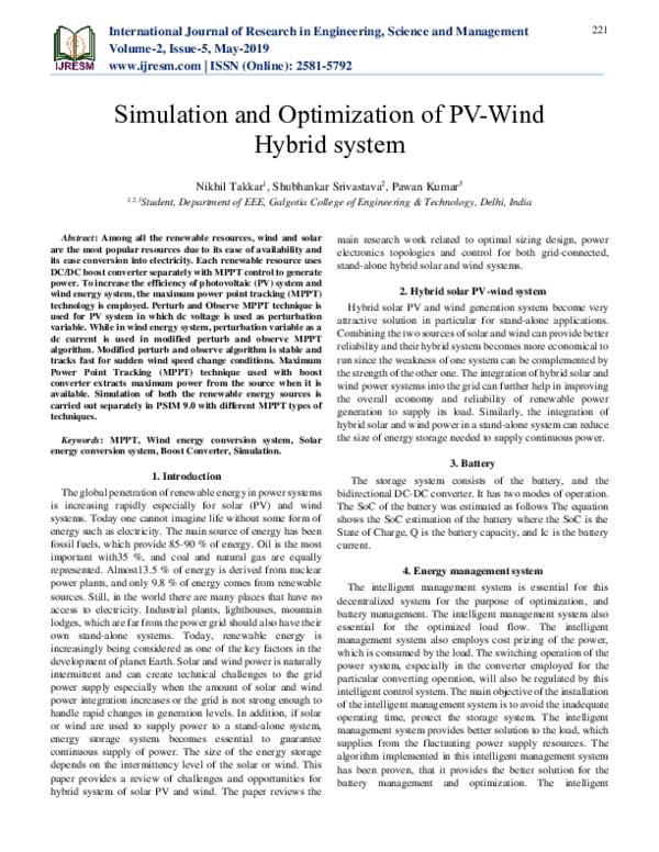 Pdf Optimizing Pv Wind Hybrid System With Mppt