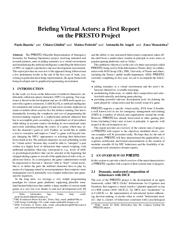 (PDF) Briefing Virtual Actors: a First Report on the PRESTO Project