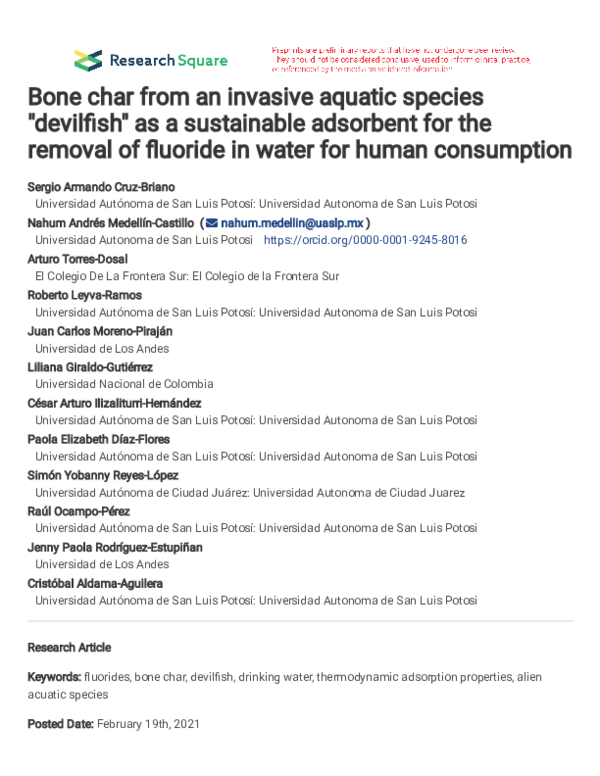 (PDF) Bone char from an invasive aquatic species "devilfish" as a ...