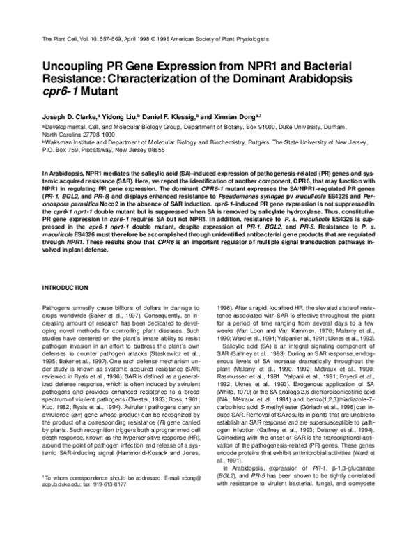 (PDF) Uncoupling PR gene expression from NPR1 and bacterial resistance ...