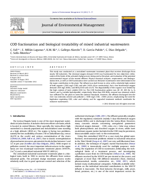 (PDF) COD fractionation and biological treatability of mixed industrial ...