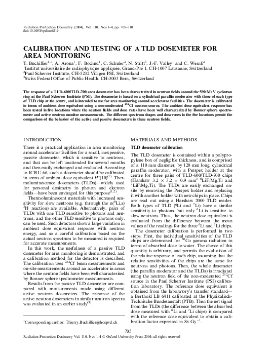 (PDF) Calibration and testing of a TLD dosemeter for area monitoring