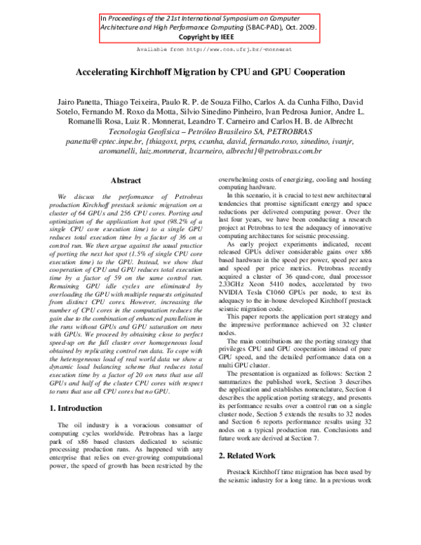 Pdf Accelerating Kirchhoff Migration By Cpu And Gpu Cooperation