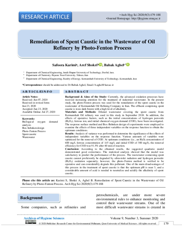 (PDF) Remediation of Spent Caustic in the Wastewater of Oil Refinery by ...