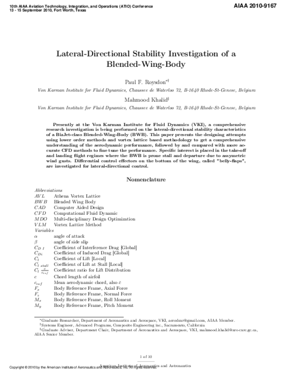 (PDF) Lateral-Directional Stability Investigation of a Blended-Wing Body