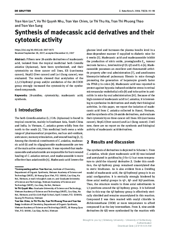 (PDF) Synthesis of madecassic acid derivatives and their cytotoxic activity