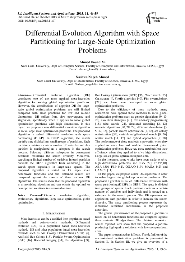 Pdf Differential Evolution Algorithm With Space Partitioning For Large Scale Optimization Problems