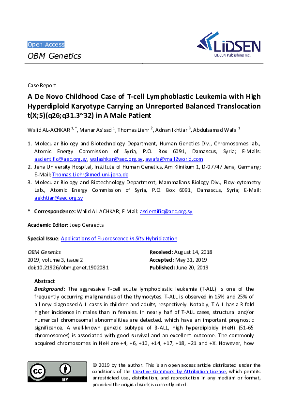 (PDF) A De Novo Childhood Case of T-cell Lymphoblastic Leukemia with ...