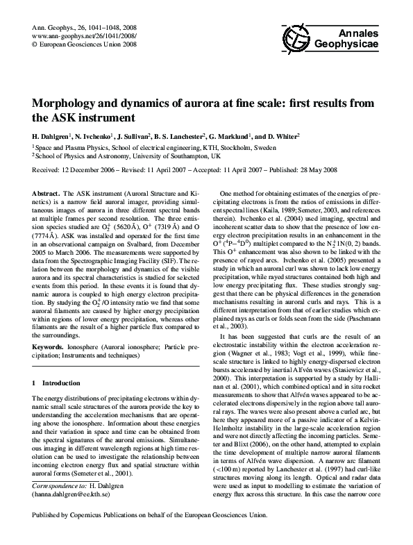 (PDF) Morphology and dynamics of aurora at fine scale: first results ...