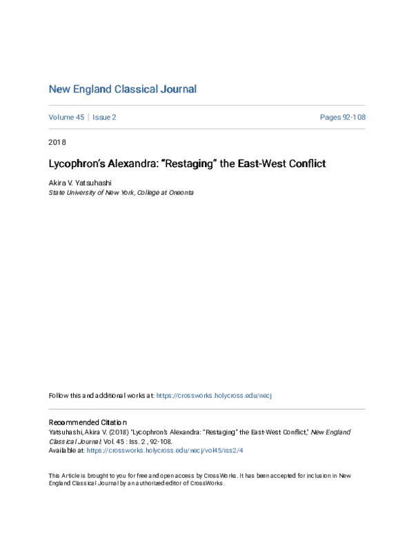 (PDF) Lycophron’s Alexandra: “Restaging” the East-West Conflict