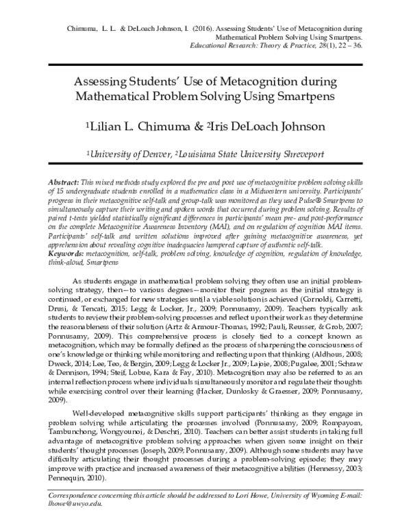 (PDF) Assessing Students' Use of Metacognition during Mathematical Problem Solving Using Smartpens