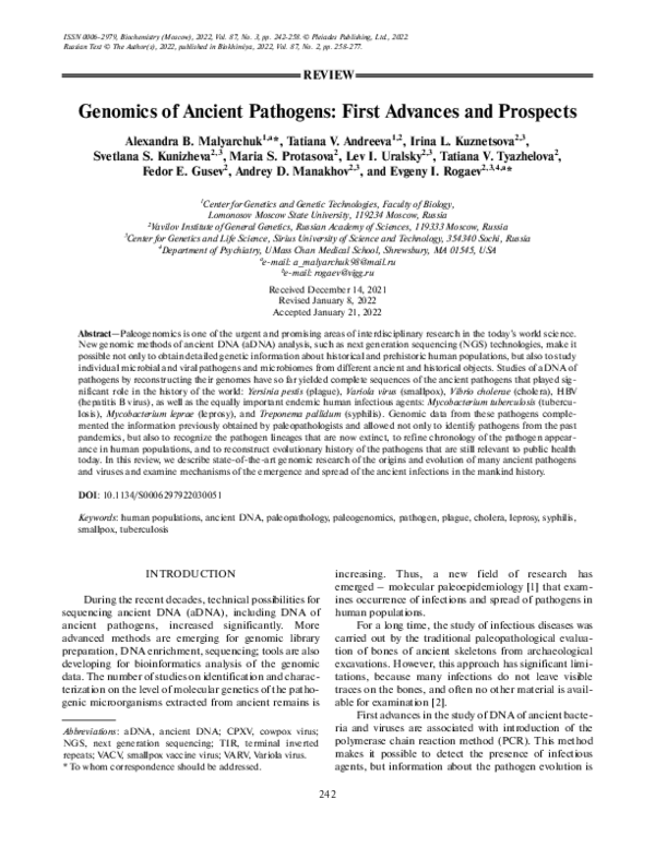 (PDF) Genomics of Ancient Pathogens: First Advances and Prospects
