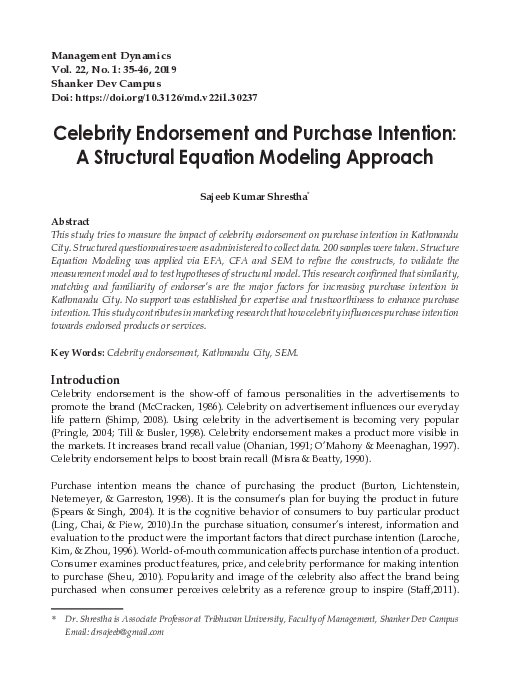 (PDF) Celebrity Endorsement and Purchase Intention: A Structural Equation Modeling Approach