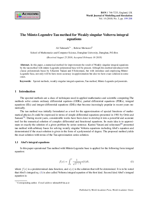 (PDF) The Müntz-Legendre Tau method for Weakly singular Volterra ...
