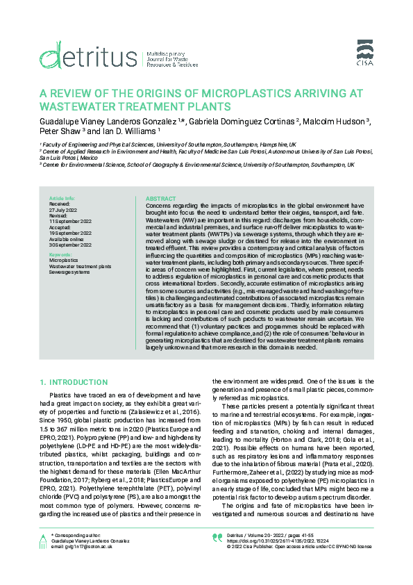 (PDF) A Review of the Origins of Microplastics arriving at Wastewater ...