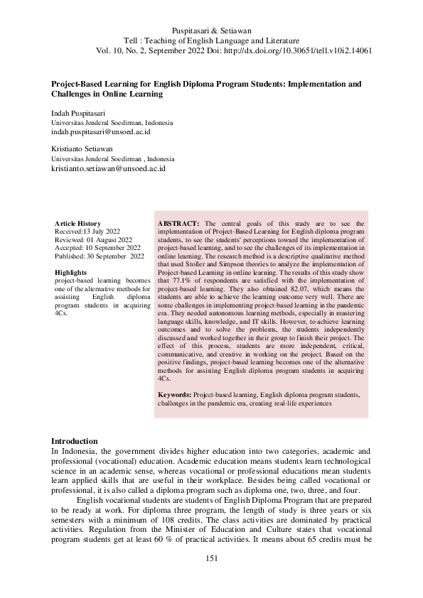 (PDF) Project-Based Learning for English Diploma Program Students ...