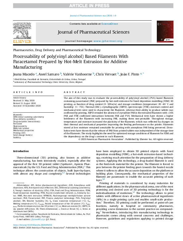 (PDF) Processability of poly(vinyl alcohol) Based Filaments With ...