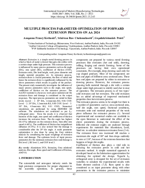 (PDF) Multiple Process Parameter Optimization of Forward Extrusion Process on Aa 2024