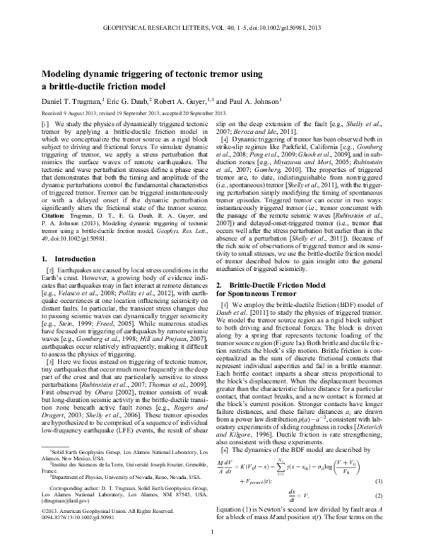 (PDF) Modeling dynamic triggering of tectonic tremor using a brittle‐ductile friction model