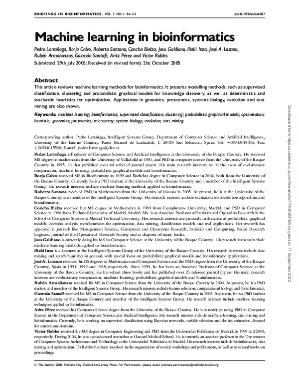 (PDF) Machine learning in bioinformatics
