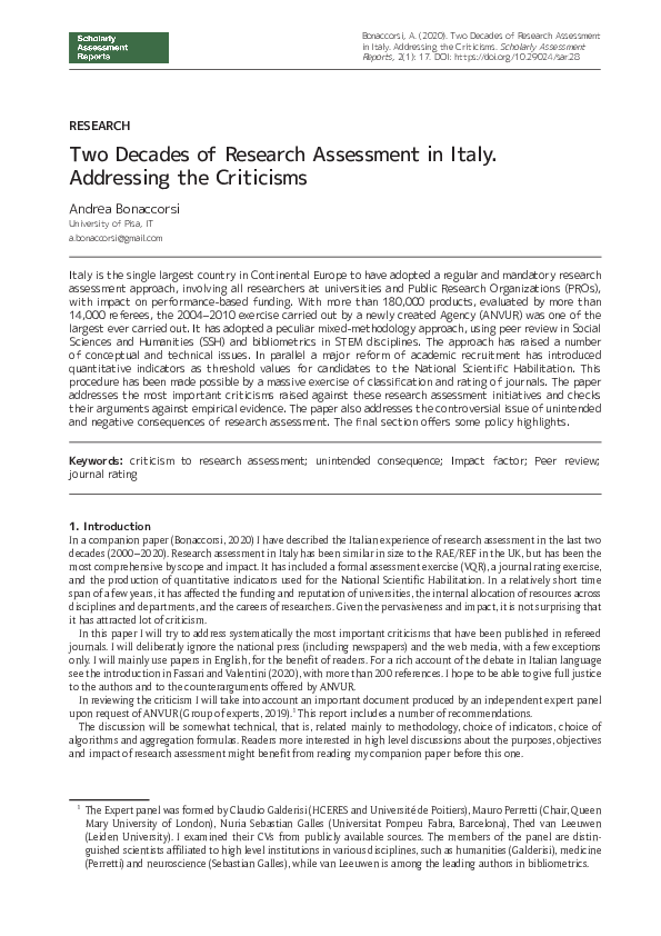 (PDF) Two Decades of Research Assessment in Italy. Addressing the ...